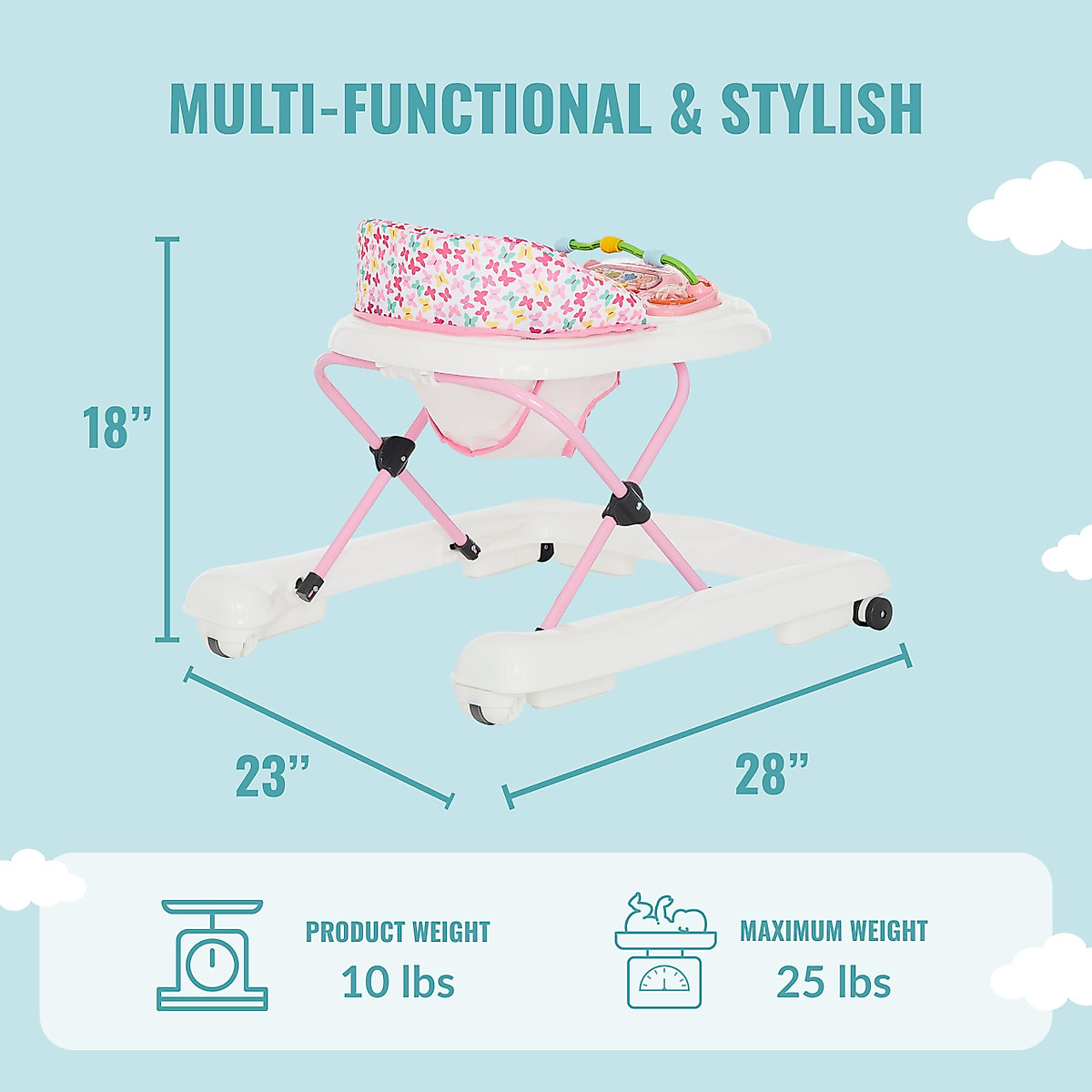 Dream On Me 2-in-1 Ava Baby Walker, Easy Convertible Baby Walker, Walk Behind, Height Adjustable Seat, Added Back Support, Detachable Slate, Spring Pink