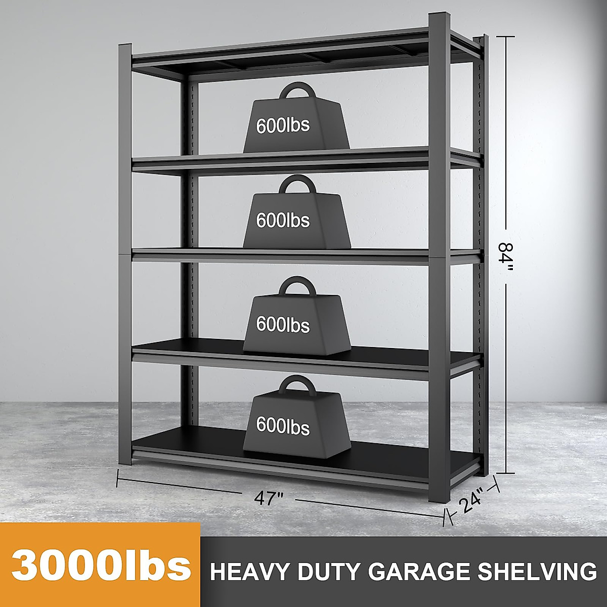 STEELIST 3000LBS Garage Shelves, 48W Metal Shelves for Storage, 5-Tier Shelving Unit with Adjustable Shelves, 24" D X 47.2" W X 84" H Industrial Shelving Utility Shelf for Warehouse, Basement
