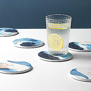 LIFVER Absorbent Drink Coasters with Holder, Set of 6 Ceramic Coasters Set with Cork Base, for Kinds of Drinking Glasses, 4 Inches Stone Coasters for Home Decor, White Elephant Gifts for Adults