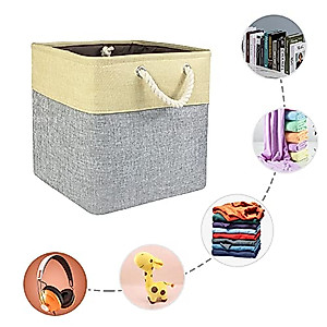 Cube Storage Organizer Bins 13x13 Fabric Storage Cube Bins for Shelves Toys Towel Books, Collapsible Storage Baskets with Cotton Handles for Closet, Clothes, Grey