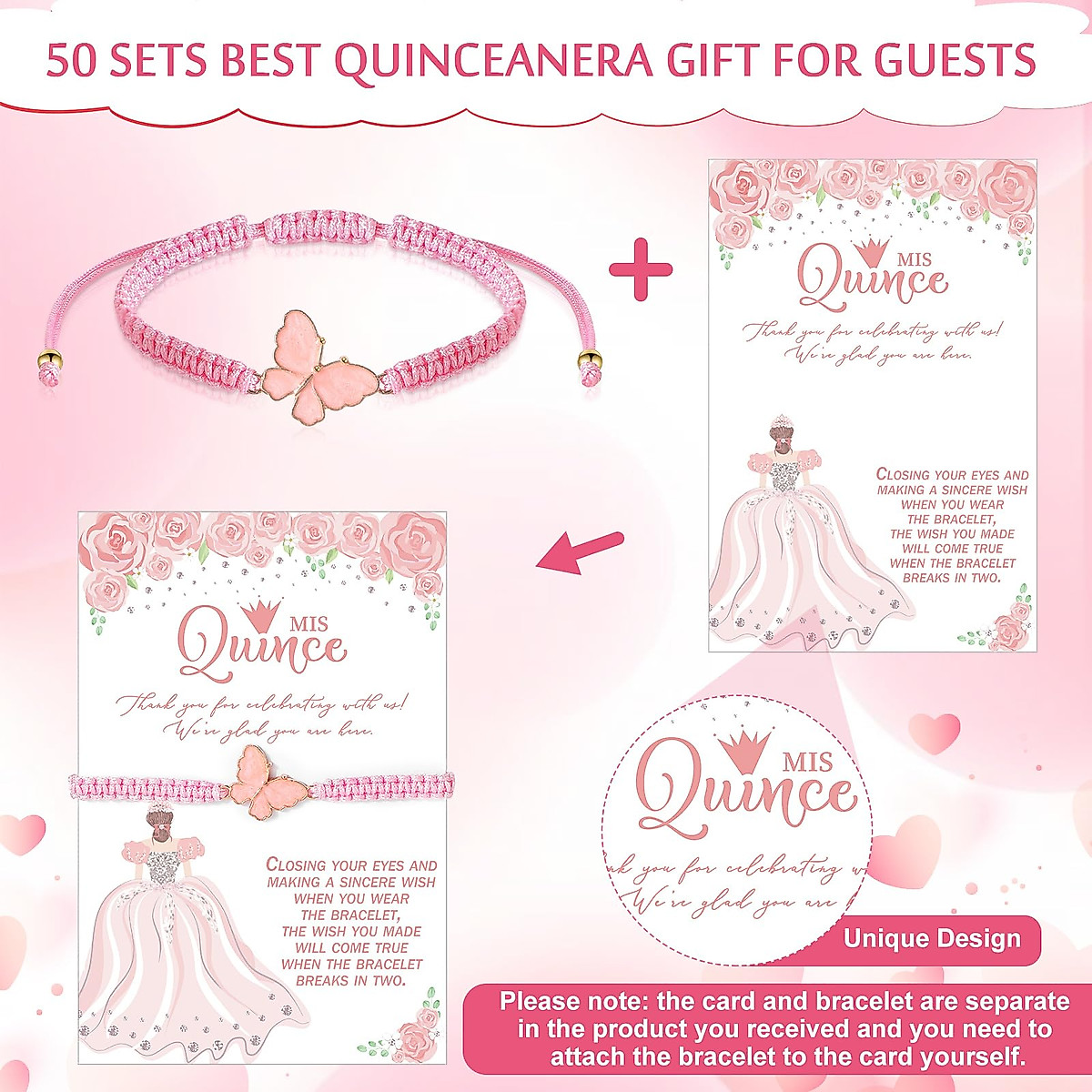 Wenqik 50 Set Quinceanera Gift for Guests Quinceanera Party Favors Butterfly Wish Bracelets Adjustable Butterfly Bracelet with Wish Cards Thank You Card and Organza Bag for 15 Year Birthday Supply