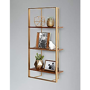 Kate and Laurel Kercheval Modern Wood Shelf, 15"x 32", Walnut Brown and Gold, Practical Mid-Century Wall Decor