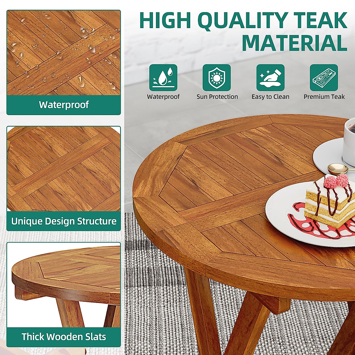 YITAHOME 3 Piece Teak Wood Patio Bistro Set with 2 Folding Chairs and Round Table, Folding Dining Table and Chairs with Metal Buckles for Backyard, Balcony, Pool, Porch, Deck