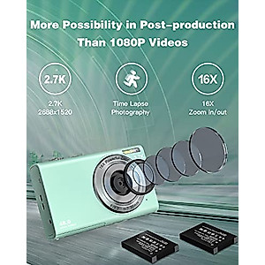 Digital Camera 2.7K 48MP Vlogging Camera, Auto Focus Digital Point and Shoot Camera with 32GB Memory Card,Time Lapse Digital Cameras for Kids Teenagers Students Boys Girls - Green