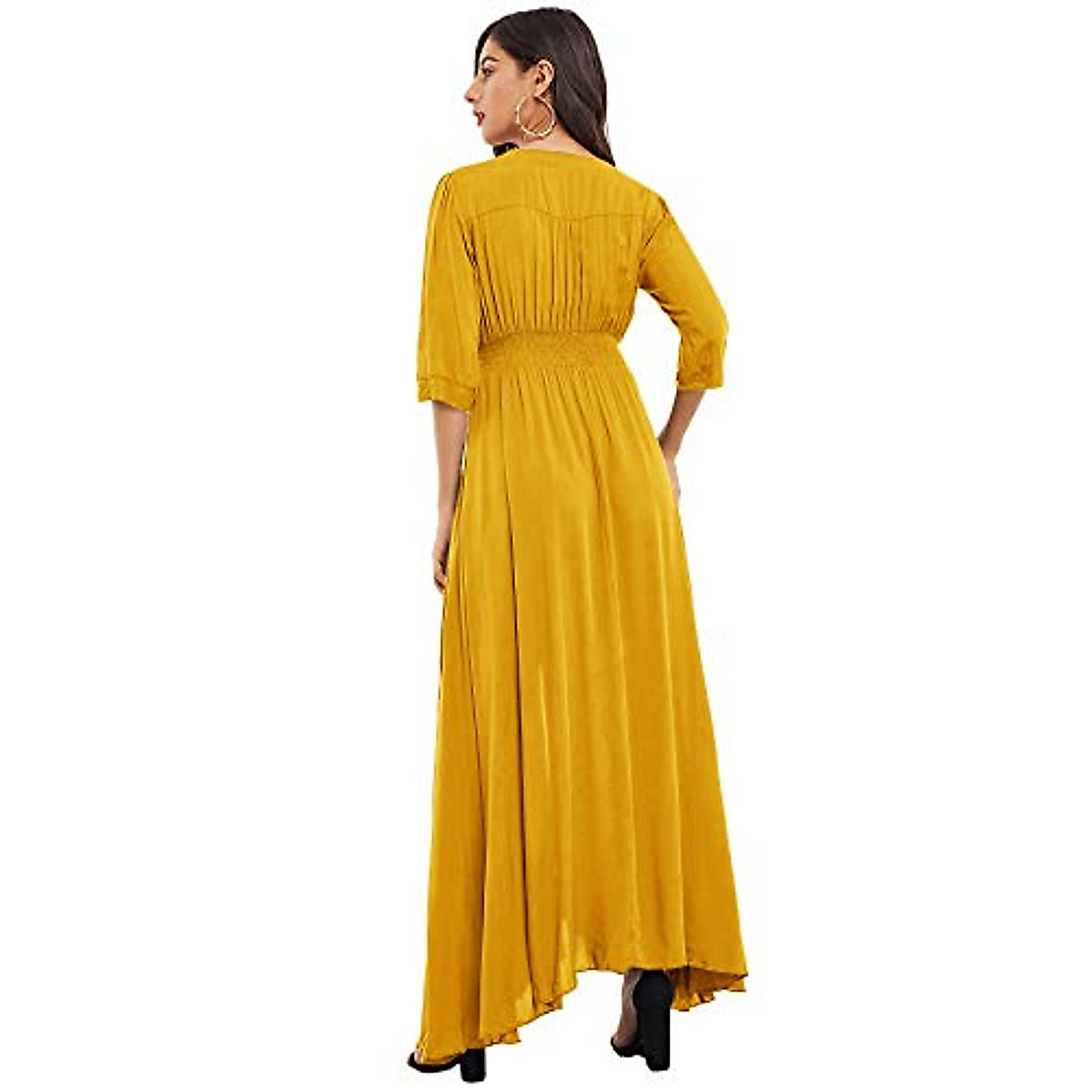 Milumia Women's Button Up V Neck Half Sleeve Split Flowy Plain Party Maxi Dress Yellow X-Large