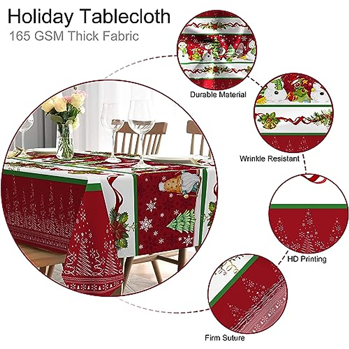 Round Christmas Tablecloth, Christmas Poinsettia Table Cloth Round 70 Inch, Christmas Tree Snowman Table Cloths with Gnomes Santa Claus Circle Table Cover Holiday Decor Gifts for Dining Room Indoor