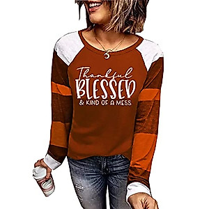 Thankful Blessed and Kind of A Mess Shirt for Women Color Block Fall Top Blouse Thanksgiving T-Shirts (Orange, Small)