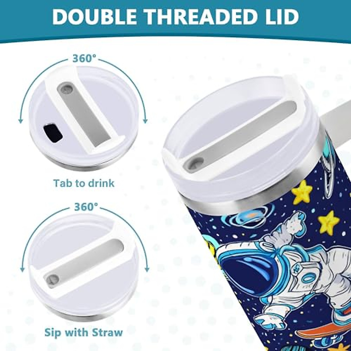 RPLIFE Cartoon Astronaut Skateboarding Blue 40 Oz Tumbler with Handle and Straw, Stainless Steel Tumbler with Straw, Coffee Tumbler for Women