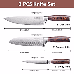 PICKWILL Kitchen Knife Set, 3-Piece Chef Knife Set, Sharp Knives Set with Wooden Handle, High Carbon Stainless Steel Professional Kitchen Knives, Elegant Gift Box for Home or Restaurant