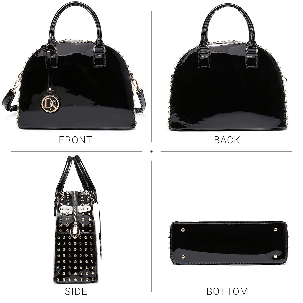 Dasein Women Patent Leather Purses Handbags Dome Satchel Purse Work Tote Structured Shoulder Bag with Long Strap (Black)