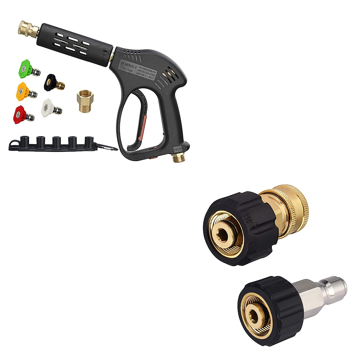 M MINGLE Short High Pressure Washer Gun for Hot and Cold Water, Pressure Washer Hose Adapter Set, 5000 PSI
