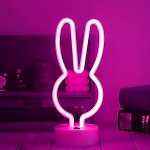 Easter Decorations Rabbit Lights Neon Signs, Creative Bunny Neon Lights with Base Battery/USB Operated Rabbit Stuff for Home, Nursery Room, Baby Teen Kids Girls Bedroom, Spring Decor (Rabbit-Pink)