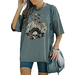 Women Oversized Skull Shirts Skeleton Floral Graphic Loose Tshirts Halloween Teen Girls Baggy Trendy Top