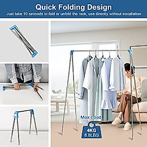 Portable Garment Rack, Folding Clothes Rack, Collapsible Clothing Rack with 10 Mini Foldable Clothes Hangers, Free Installed Lightweight Freestanding Hanger for Indoor Outdoor Travel and Camping