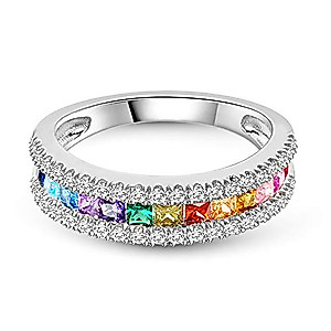 GNOCE Multi-Color Rainbow Band Ring 925 Sterling Silver Princess Cut Women Rings Eternity Wedding Bands Promise Rings for Her (Silver, 7)