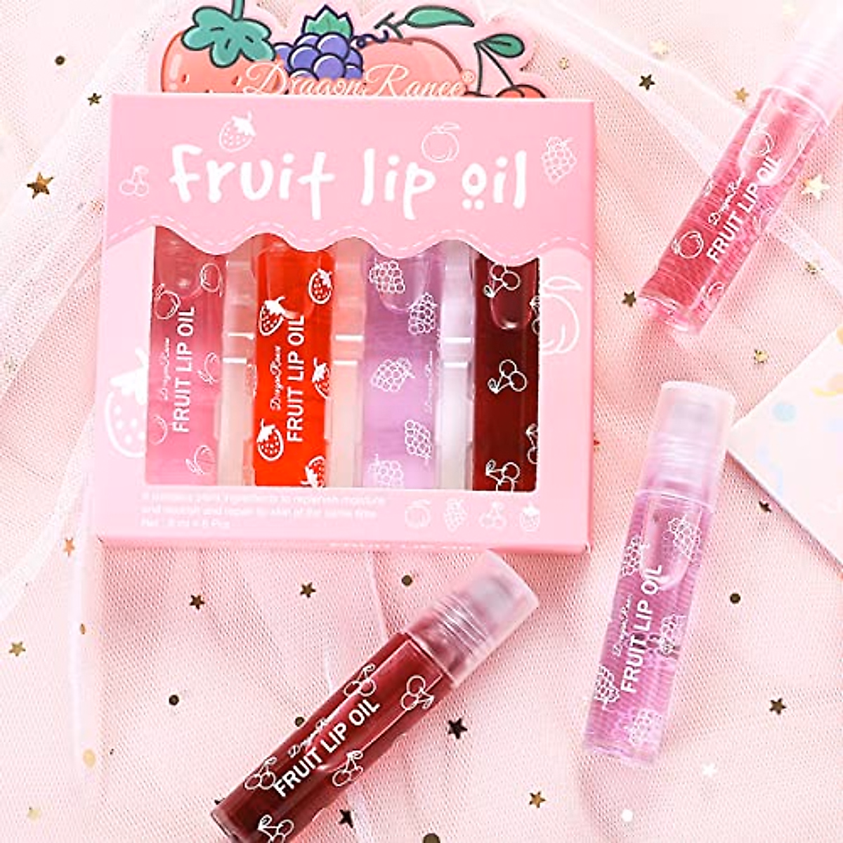 Alisesun 4 Pcs Fruit Roll-on Lip Gloss Set, Clear Lip Gloss Crystal Jelly Liquid Lipstick, Plumping Lip Oil Moisturizing Hydrating Non-Sticky, Nice Gift for Women Girl