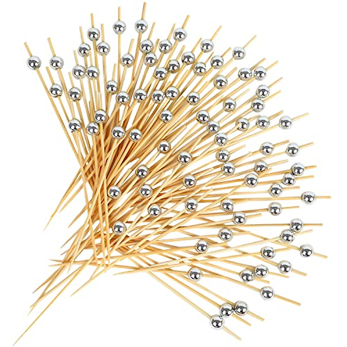 KIMOBER 100PCS Cocktail Picks,Silver Pearl Handmade Bamboo Cocktail Toothpicks for Appetizers Fruit Party,Cocktail Sticks Party Supplies