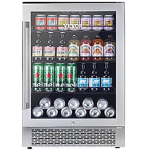 VEVOR Cooler 154 Cans Capacity Refrigerator Under Counter Built-in or Freestanding Beverage Fridge with Blue LED Light, Tempered Glass Door, Child Lock for Drink Soda Wine, Silver