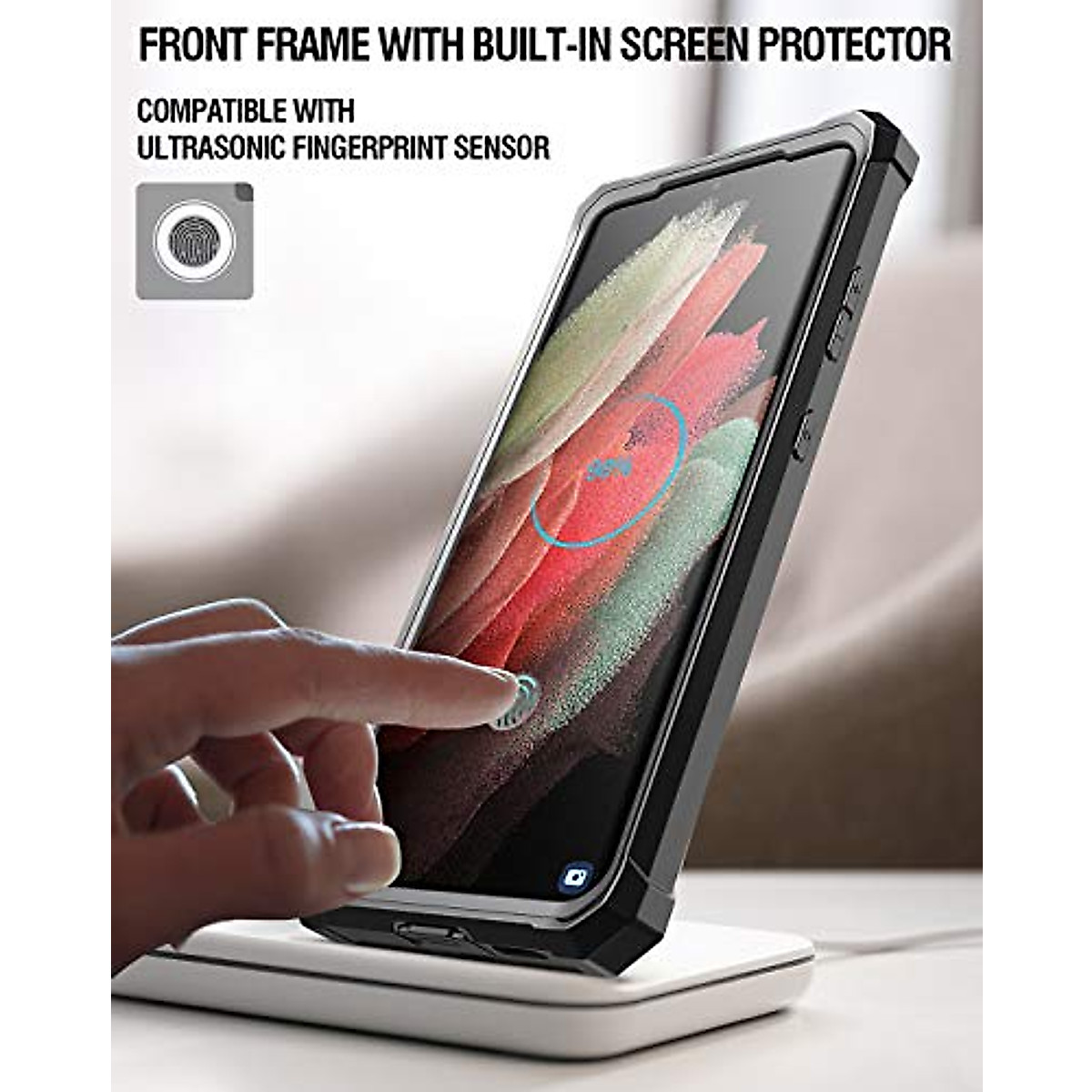 Poetic Guardian Case Designed for Samsung Galaxy S21 Ultra 5G 6.8 inch, Built-in Screen Protector Work with Fingerprint ID, Full Body Hybrid Shockproof Bumper Cover Case, Black/Clear