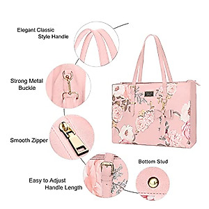 MOSISO Laptop Tote Bag Compatible with MacBook Air 15 inch M2 A2941/Pro 16 M3 M2 M1, 15-15.6 inch Notebook, Peony PU Leather Travel Work Briefcase with Detachable Bowknot & Small Purse, Pink