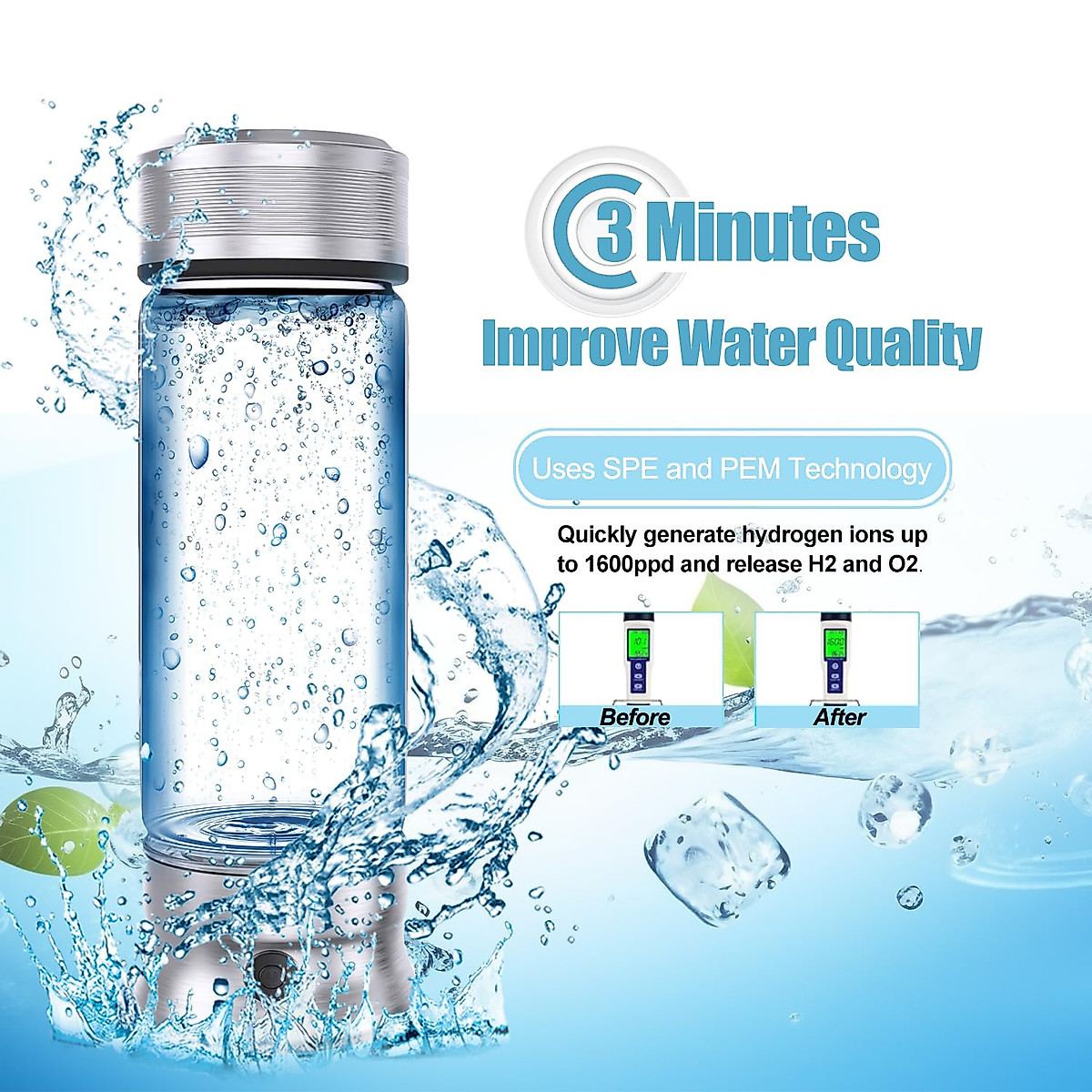 Hydrogen Water Bottle,Hydrogen Water Bottle Generator with Time Reminder Stickers,Rechargeable Portable Glass Hydrogen Water Ionizer Machine for Home Office Travel