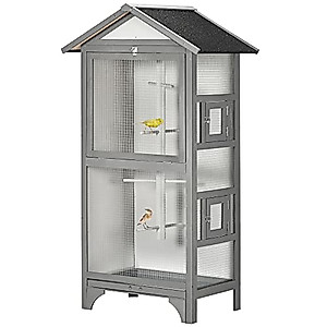 PawHut 60" Wooden Outdoor Bird Cage for Finches, Parakeet, Large Bird Cage with Removable Bottom Tray 4 Perch, Light Gray