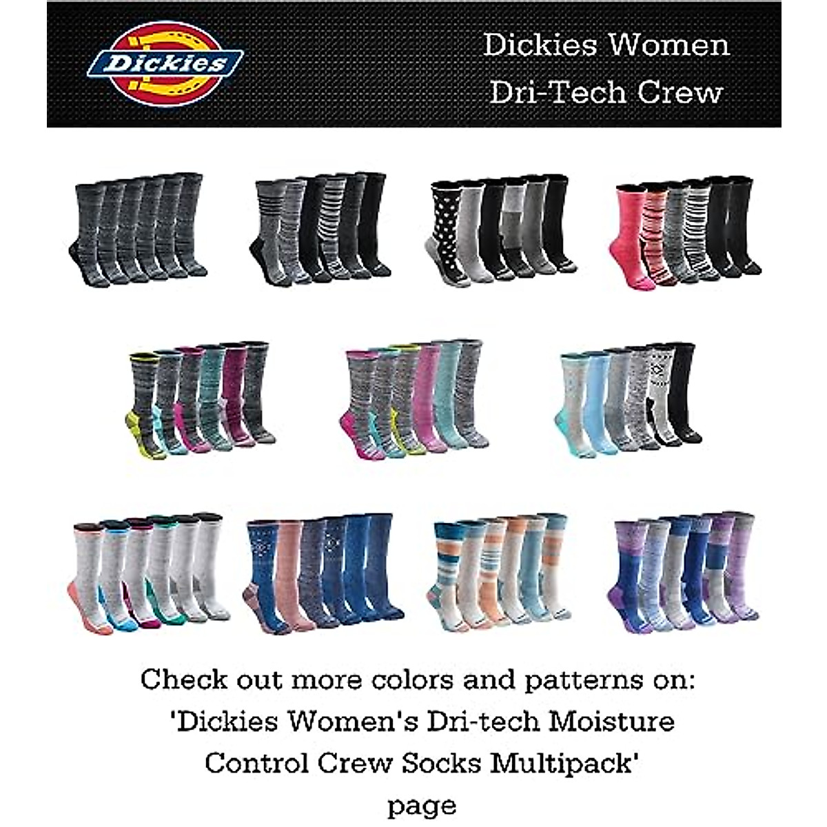 Dickies Women's Dritech Advanced Moisture Wicking Crew Socks (6/12 Pairs), Black Assorted (12 Pairs), Shoe Size: 4-6