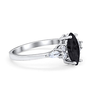 Simulated Black Cubic Zirconia Size-9 Art Deco Vintage Style Marquise Wedding Engagement Bridal Ring Round Simulated Cubic Zirconia 925 Sterling Silver