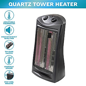 Comfort Zone Indoor Tower Space Heater, Adjustable Thermostat, Radiant Heat, Electric, Infrared Quartz, 2 Heat Settings, Overheat Protection, Ideal for Home, Bedroom, & Office, 1,500W, CZQTV007BK