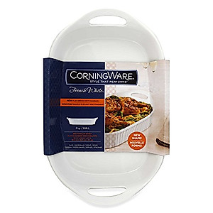 CorningWare French White III 3-Quart Ceramic Oblong Casserole Dish with Sleeve | Oven, Microwave, Refrigerator and Freezer Safe