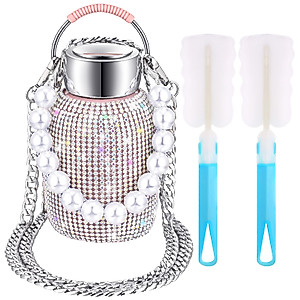Diamond Water Bottle Rhinestone Stainless Steel Bling Vacuum Flask Refillable Insulated Thermal Bottle with Chain Glitter Water Bottle with Pearl Bracelet for Women