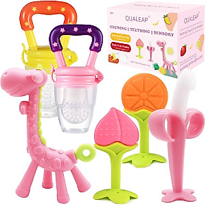 Stand-Up Teething Toys for Babies 0-6 Months 6-12 Months - Teethers with 2 × Baby Fruit Feeders and 4 × Baby Teether - BPA Free/Freezer Free - Different Soft Textures for Infant and Toddlers (Pink)