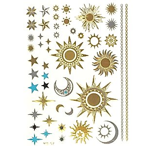 Allydrew Large Metallic Gold Silver and Black Body Art Temporary Tattoos, Sun, Moon, Stars