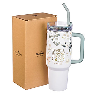 Christian Art Gifts Extra Large Stainless Steel Double Wall Vacuum Insulated Travel Tumbler for Women: Be Still Inspirational Scripture, Lid, Reusable Straw, Wide Handle, White & Teal Floral, 40 oz.