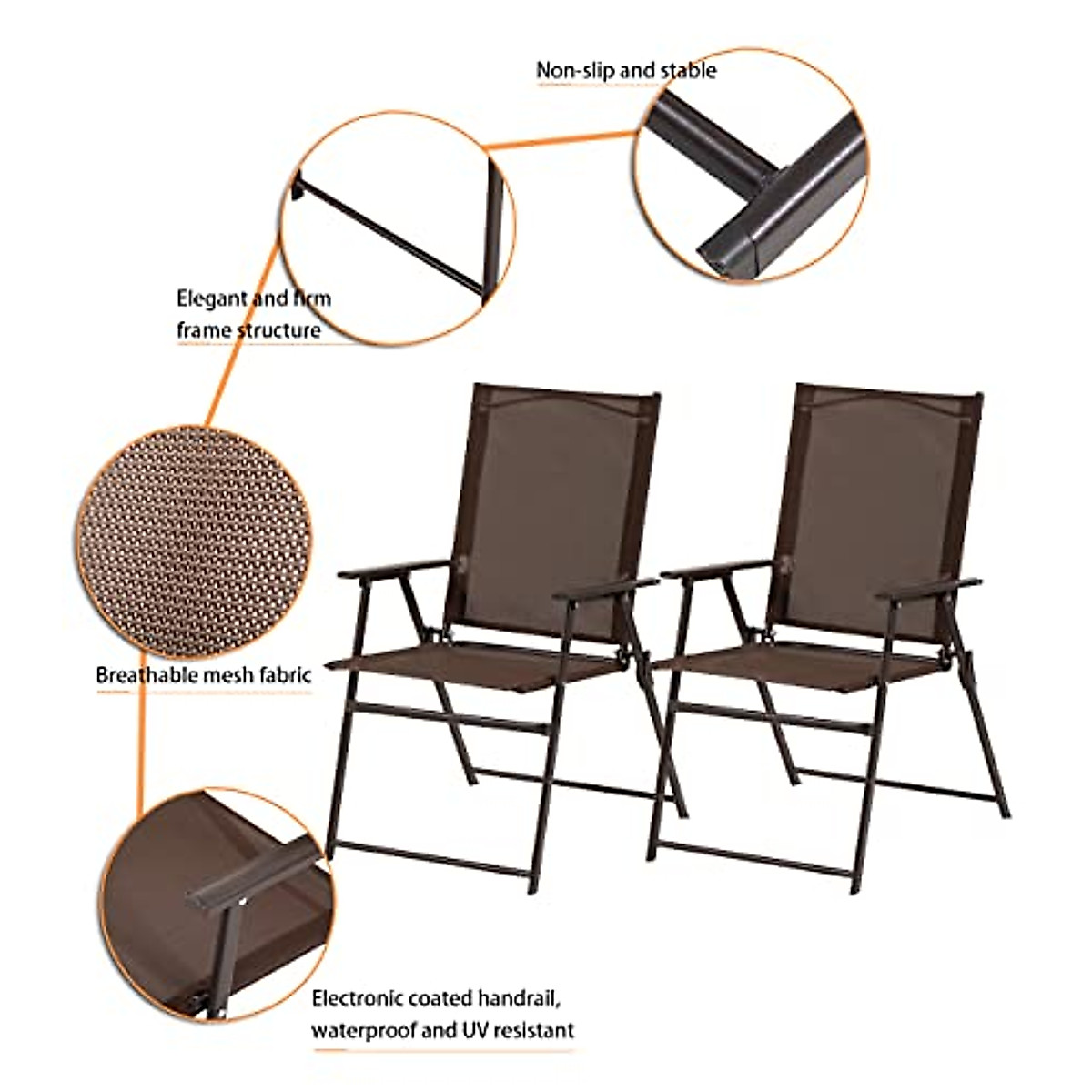 Bigroof Patio Dining Chairs Set of 2, Outdoor Portable Folding Chairs, 2-Pack Patio Chairs, Lawn Chair with Armrest and Metal Frame, Suitable for Camping Pool Beach Deck (2, Brown)