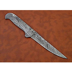 Damascus steel straight back blank blade 9.5 inches long hand forged skinning knife with 3 Pin hole, 5 inches cutting edge, 4.5" scale space, knife making supplies