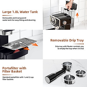 SUMSATY Espresso Coffee Machine 20 Bar, Retro Espresso Maker with Milk Frother Steamer Wand for Cappuccino, Latte, Macchiato, 1.8L Removable Water Tank, ETL Listed, Coffee Spoon, Vintage Black