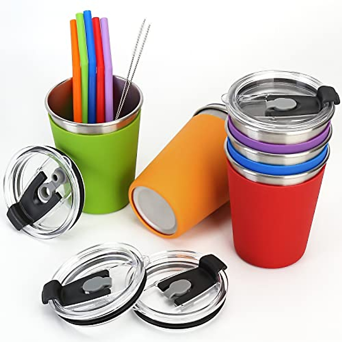 5Pack Kids Cups with Straws and Lids Spill Proof, 12oz Toddler Straw Cups with Colorful Silicone Sleeves, Unbreakable Stainless Steel Water Tumblers for Cold & Hot Drinks