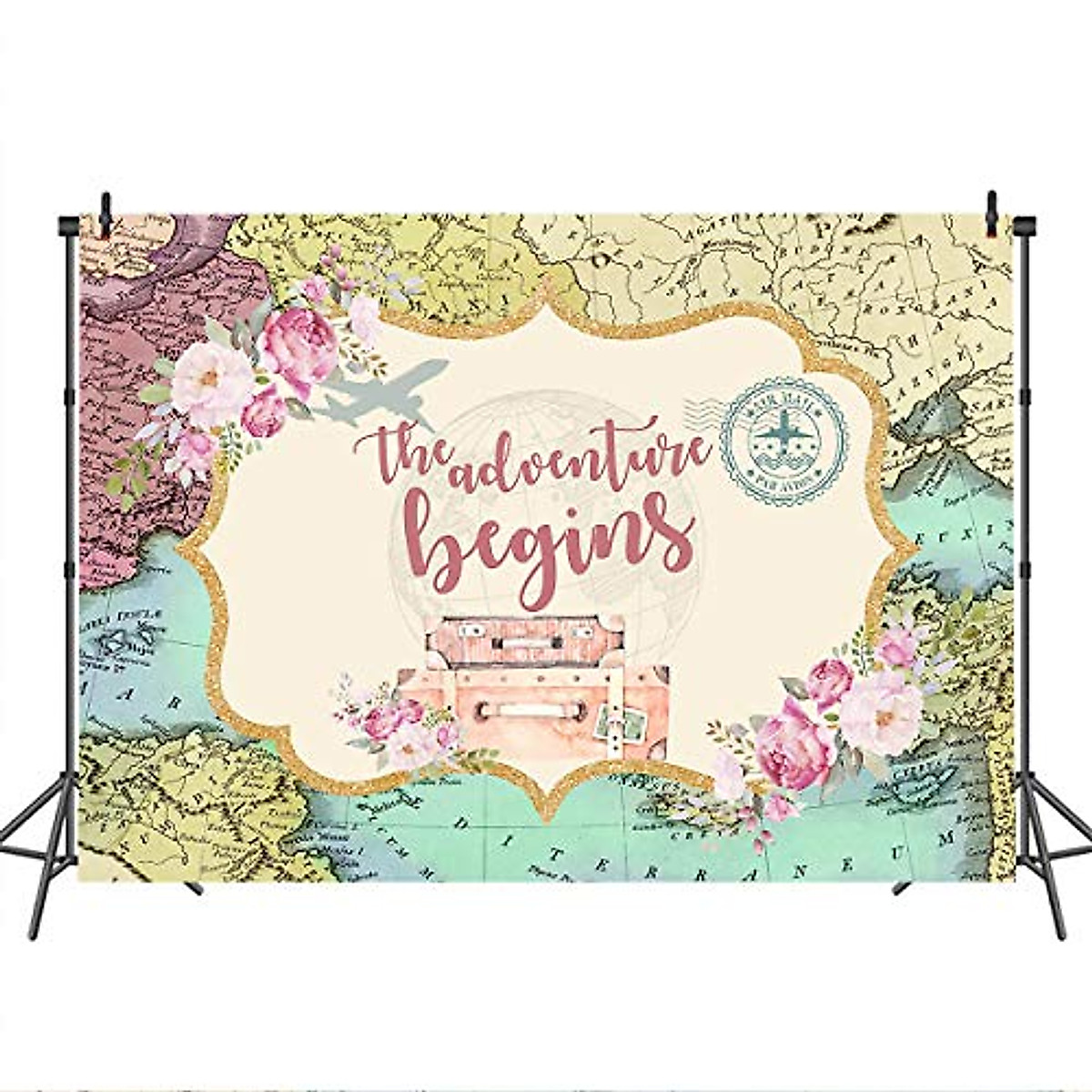 Mocsicka Adventure Awaits Backdrop Global Travel Adventure Begins Travel Baby Shower Party Decorations Vinyl Dessert Table Background Photobooth Prop (7x5ft)