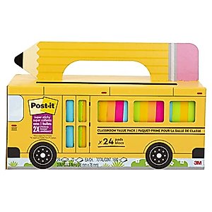 Post-it Super Sticky Notes Value Pack, 24 Pads, Convenient School Bus Carry and Storage Case, 2X The Sticking Power, 3x3 in, Bright Colors (Orange, Pink, Blue, Green, Yellow), Recyclable (654-24SSBUS)