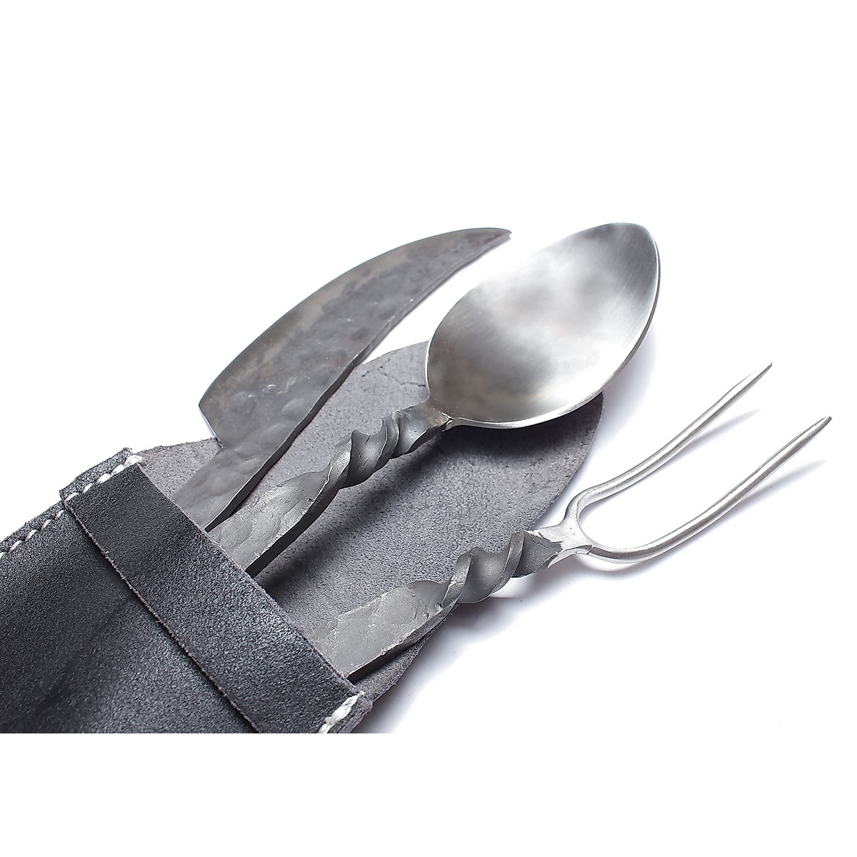 Handforged Medieval Cutlery Set - Stainless Steel Knife, Fork and Spoon Set - Includes Genuine Leather Utensil Pouch