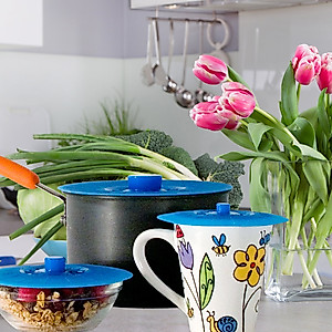 Silicone Bowl Lids Blue Set of 5 Reusable Suction Seal Covers for Bowls, Pots, Cups. Food Safe. Natural grip, interlocking handles for easy use and storage.