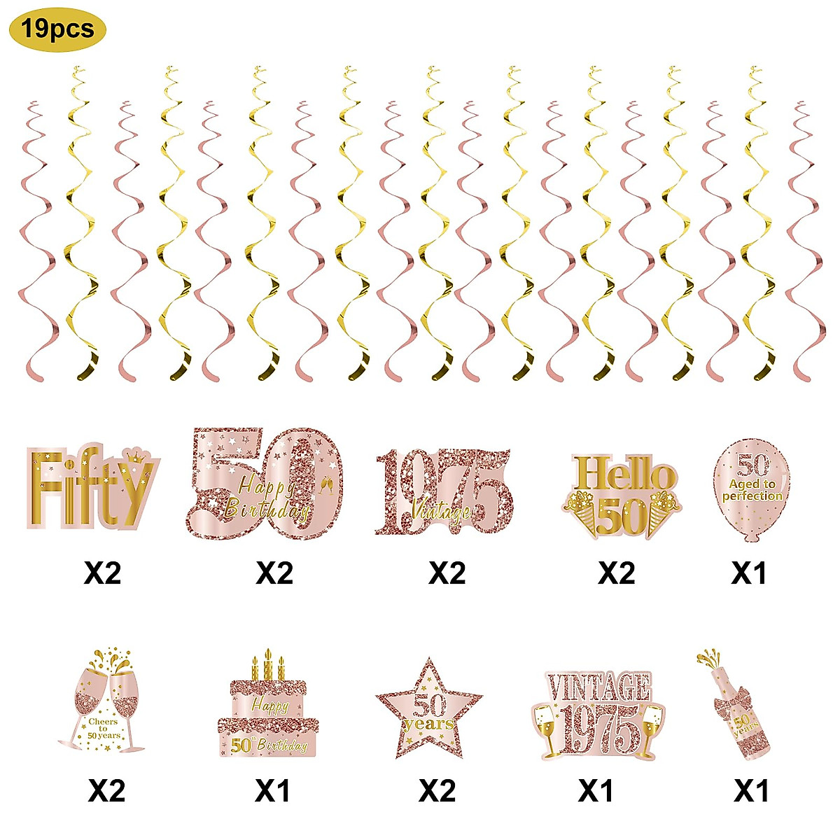 Turypaty Pink Gold 50th Birthday Decorations Hanging Swirls for Women, Rose Gold Happy 50th Birthday Vintage 1975 Foil Swirls Party Supplies, Fifty Year Old Birthday Ceiling Decor