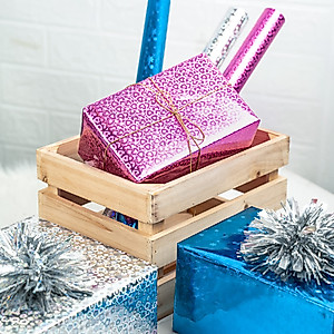 LeZakaa Holographic Foil Wrapping Paper - Mini Roll - Pink Heart/Blue and Silver Flower Design for Birthday, Wedding, Bridal Shower - 17 x 120 inches - 3 Rolls (42.5 sq.ft.ttl.)