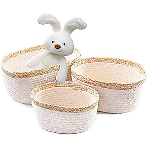 LOINFE ® Rope Woven Storage Basket, 3 Pack Boho Baskets for Storage, Home Organizing Bins and Toy Organizer, Baskets for Shelves, Nursery Baskets Organizer Bins(Cotton and Corn Skin Basket)
