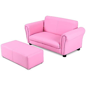 GLACER Kids Sofa with Footstool, Upholstered Toddler Couch Chair for Boys and Girls, 2 Seat Baby Sofa Chair Children Armchair with Sturdy Wood Construction, ASTM and CPSIA Certified (Pink)