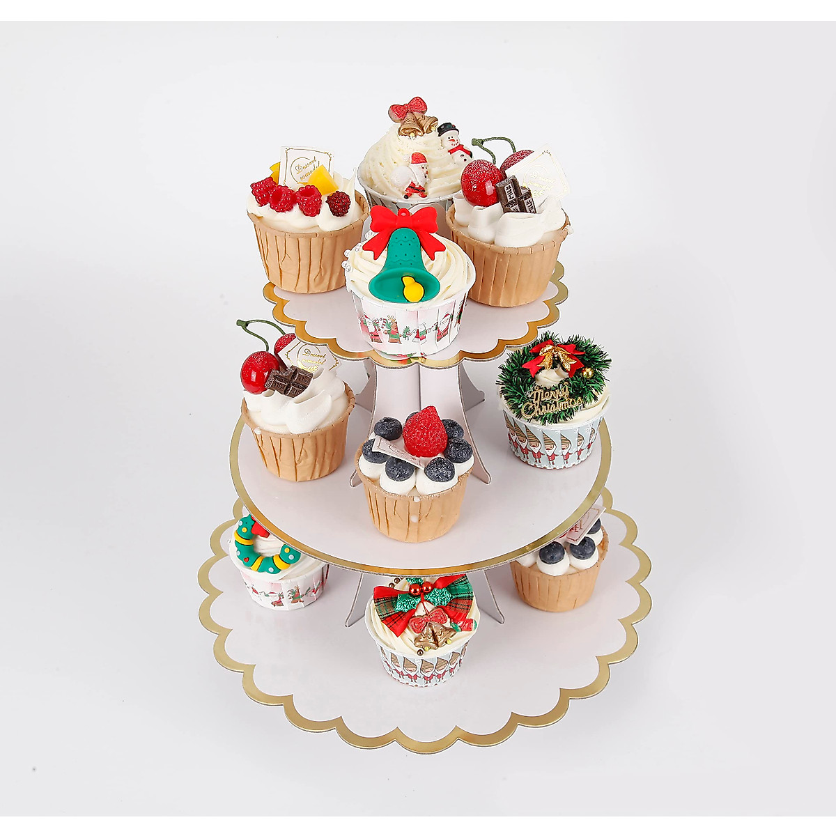 YLDW 3-Tier Cupcake Stand, Lace Trim Cake Stand Holder, Tiered DIY Cupcake Stand Tower for Dessert Table Displays, Birthday Theme Party Favors Decoration, Floral Tea Party, 12" W x 12.8" H, White