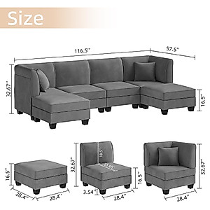 Vongrasig 6 Pieces Sectional Couch Modular Sofa with Reversible Chaise 116" Velvet U-Shaped Couch Sofa 6-seat Modular Large Sectional Couch with Ottoman for Living Room, Upholstered Cushion (Grey)