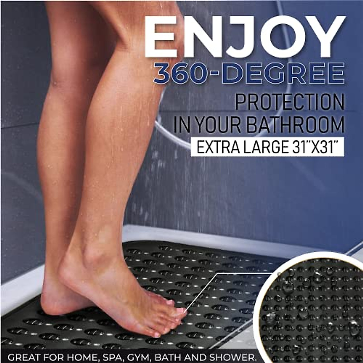ENKOSI Extra Large Square Non Slip Shower Mat | 31 x 31-inch XL Shower Mats for Showers Anti Slip - Square Shower Stall Mat for Bathroom Shower Floors | Secure Suction Cups and Drain Holes (Grey)
