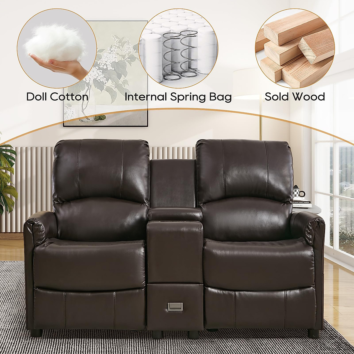IPKIG Loveseat Recliner Sofa - RV Loveseat Recliner Wall Hugger Manual Reclining Loveseat with Console, Side Pockets and Cup Holders, Faux Leather Double Recliner Love Seat for Living Room (Brown)